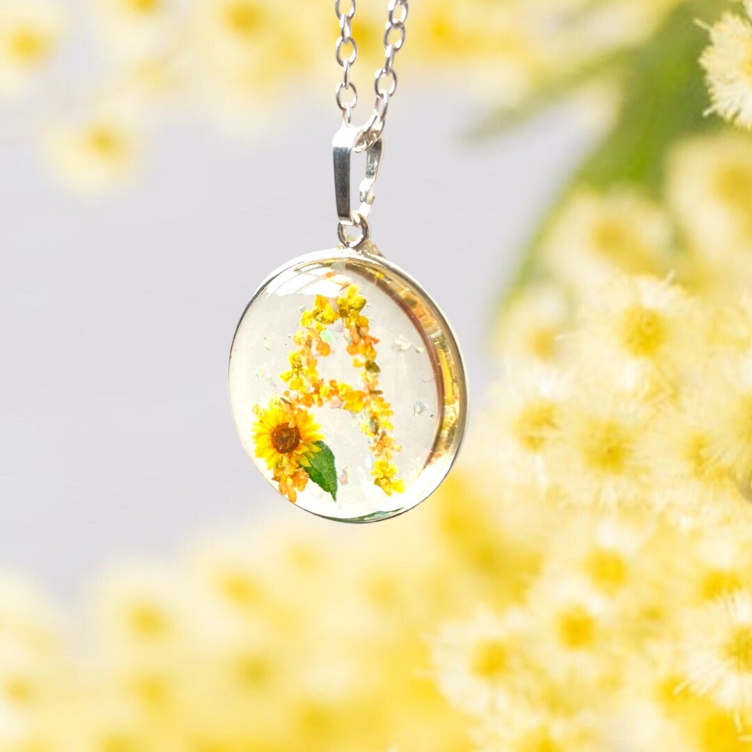 Sunflower Initial Necklace, Flower Initial Pendant, Personalised ...