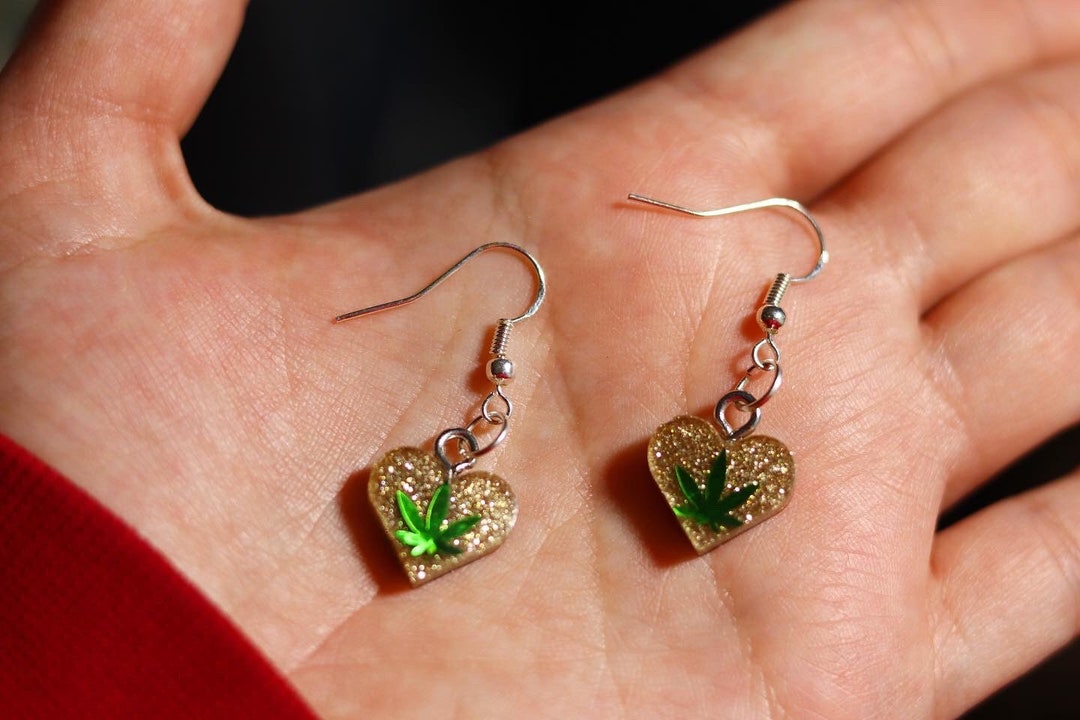 Sparkly Gold Weed Leaf Heart Earrings | Handmade Stoner Girl Jewelry ...