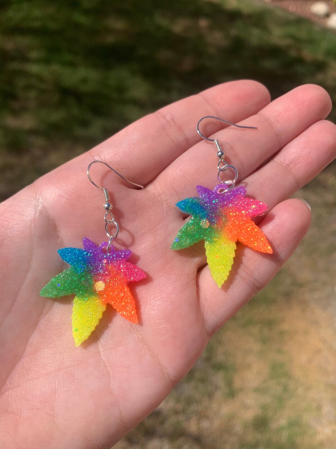 Neon Rainbow Weed Leaf Earrings | Handmade Cannabis Jewelry | Glittery ...