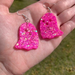 Sparkly Neon Pink Ghost Earrings | Handmade Halloween Jewelry | Boo ...
