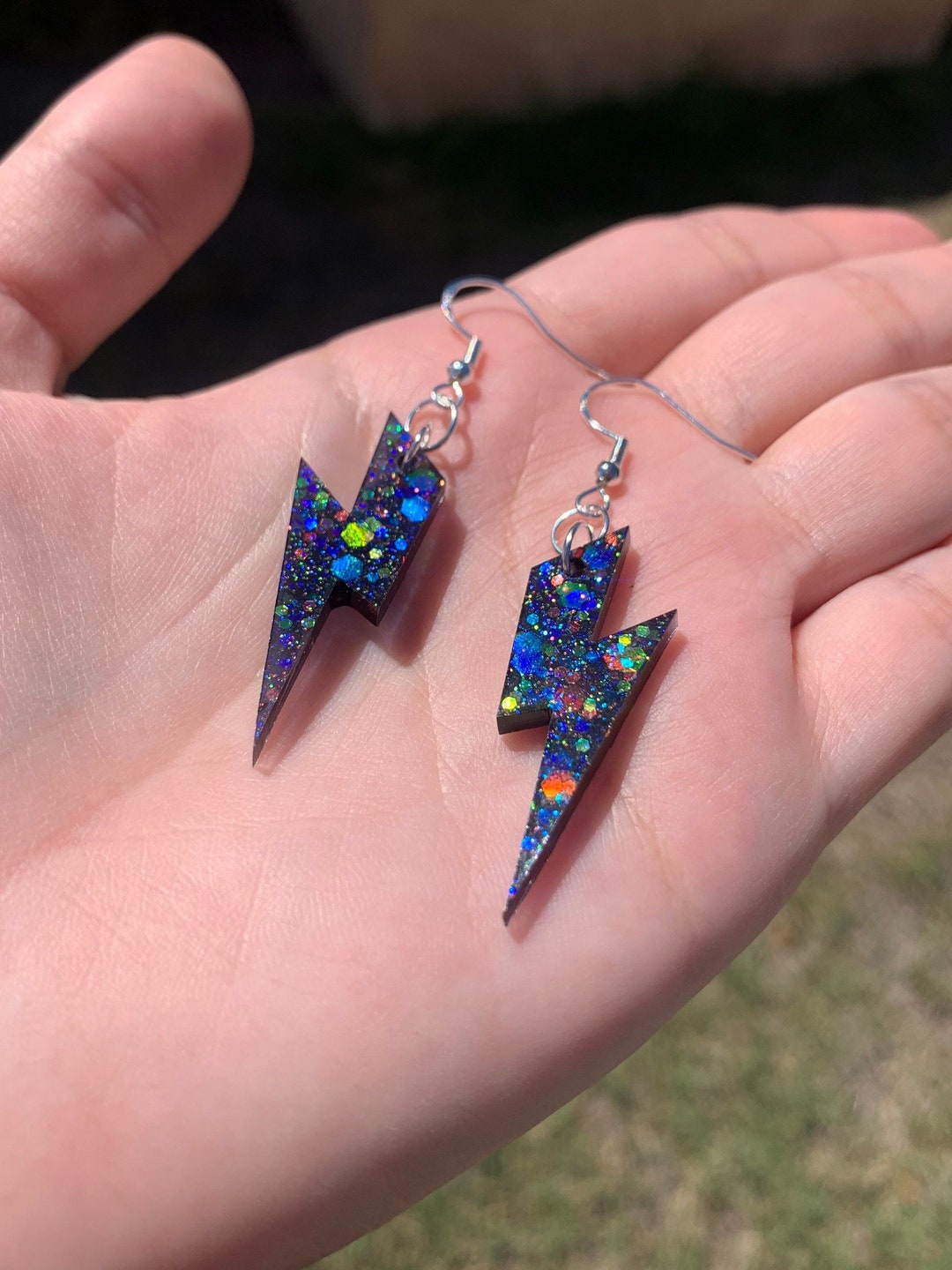 Black Holographic Lightning Bolt Earrings | Handmade Small Sparkly ...
