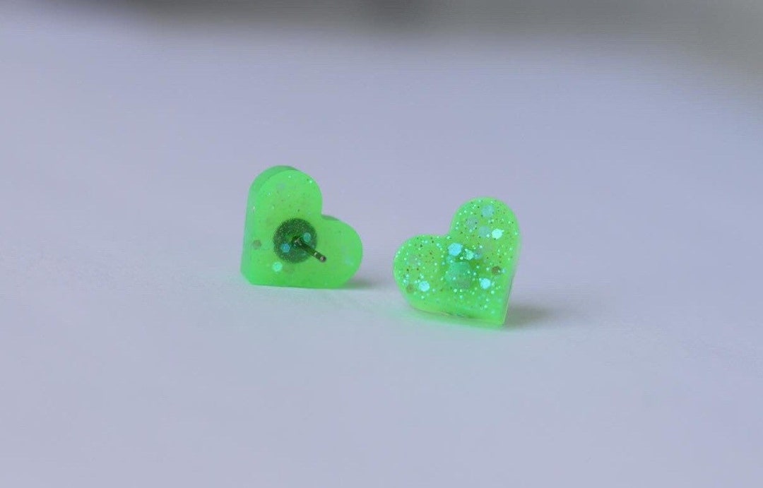 Neon Green Glow Chunky Heart Stud Earrings | Handmade Sparkly Neon ...