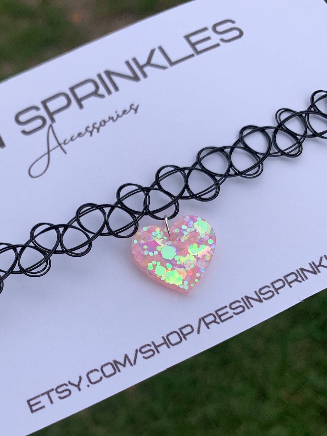 Pink Heart Tattoo Choker Necklace | 90s Elastic Choker W/ Handmade Pink ...
