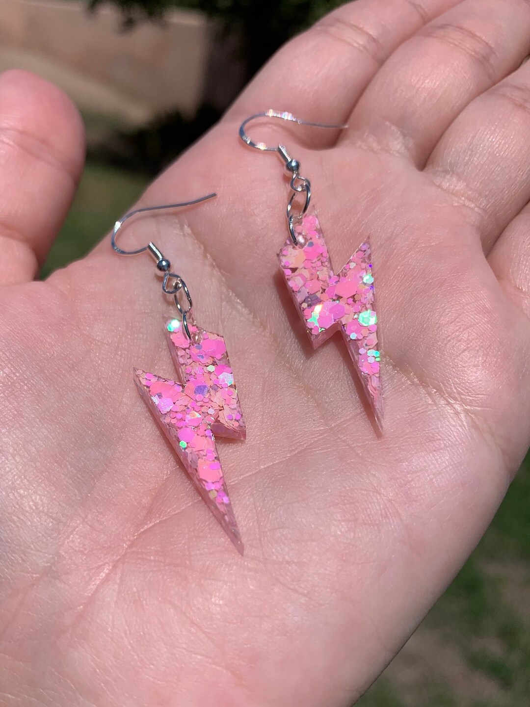 Pastel Pink Glitter Bolt Earrings | Handmade Resin Lightning Bolt ...