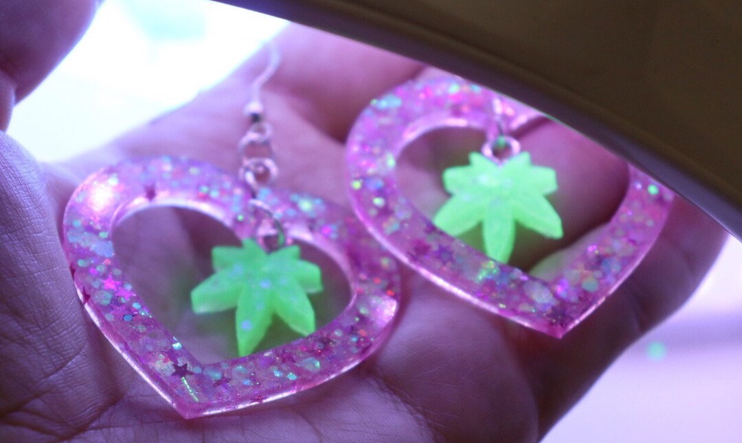 Pink 420 Glow Heart Earrings | Handmade Cannabis Jewelry | Rave Weed ...
