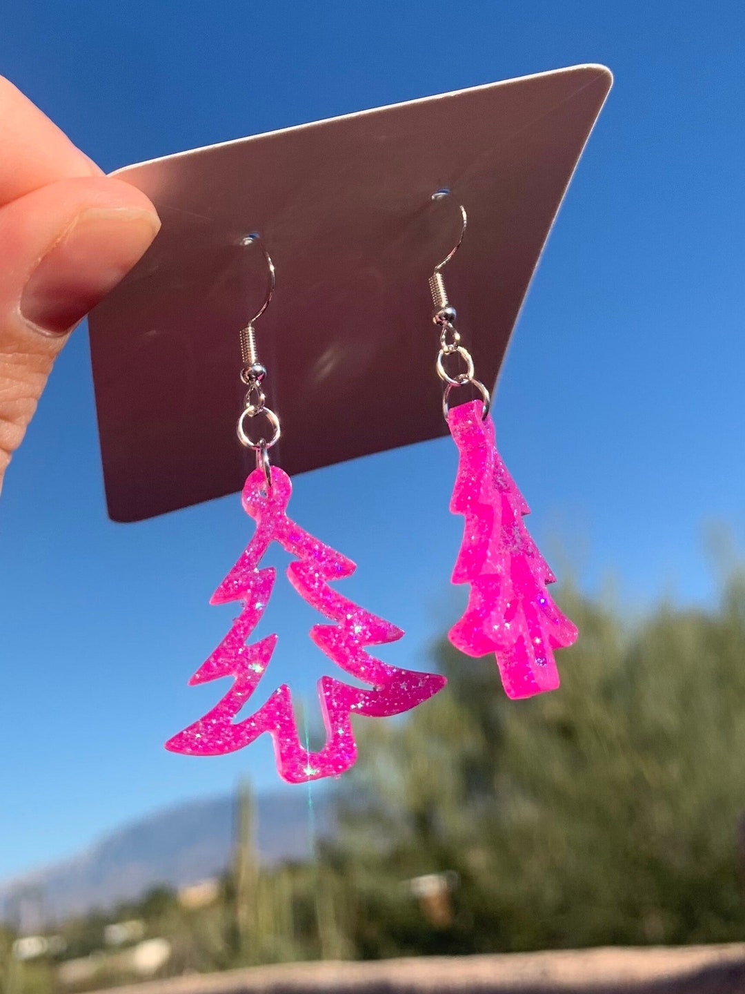 Neon Pink Sparkly Christmas Tree Earrings | Handmade Dangle Drop ...