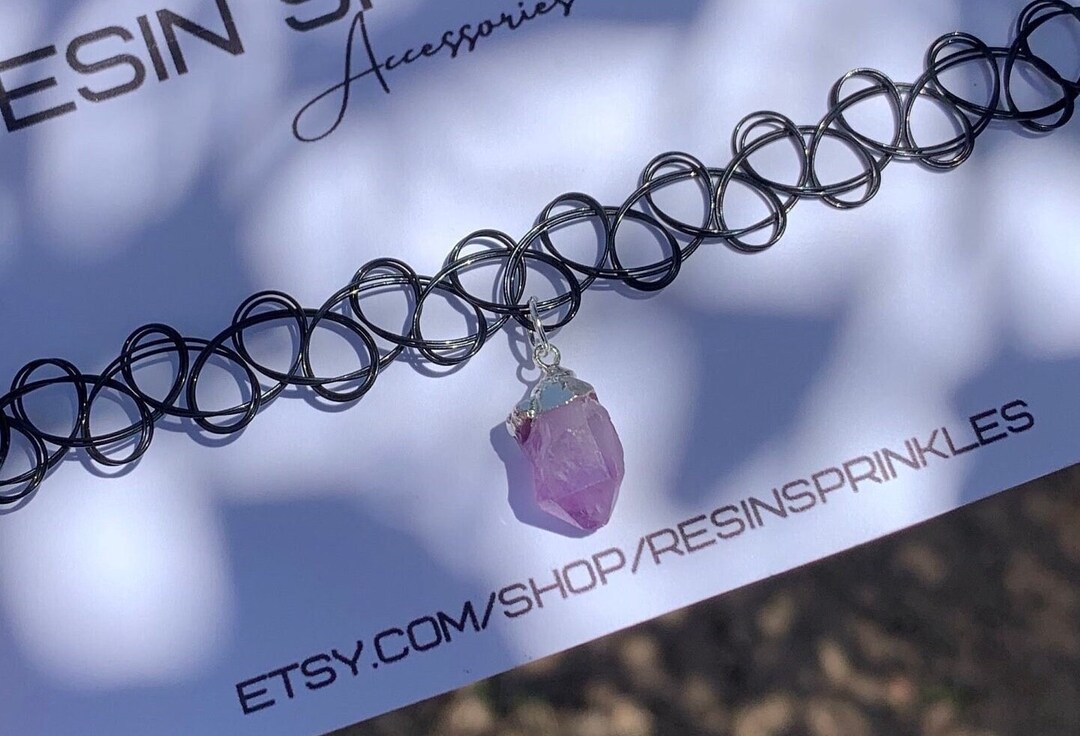 Raw Amethyst Tattoo Choker Necklace | 90s Elastic Choker Necklace W ...