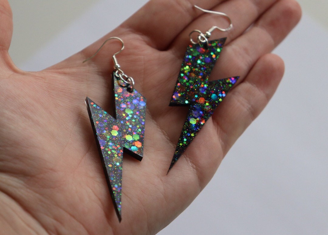 Black Holographic Lightning Bolt Earrings | Handmade Big Resin Dangle ...