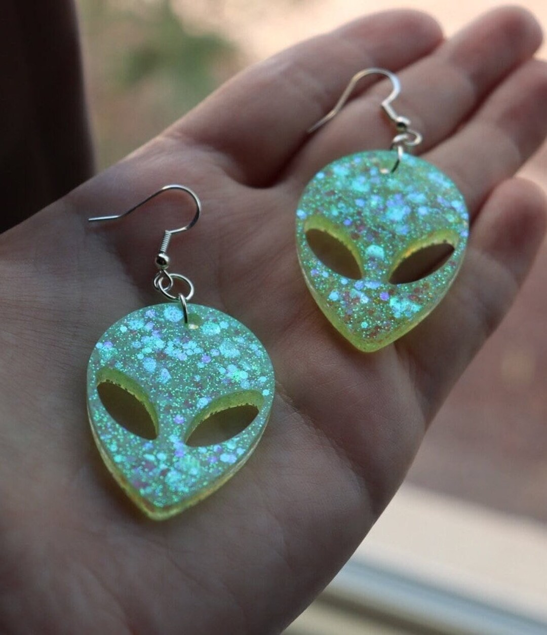 Iridescent Green Sparkly Alien Earrings | Handmade Resin Alien Jewelry ...