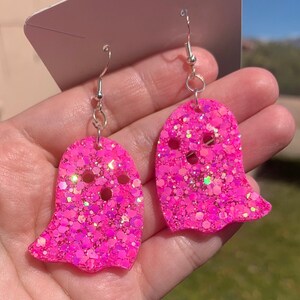 Sparkly Neon Pink Ghost Earrings | Handmade Halloween Jewelry | Boo ...