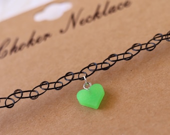 Neon Green Heart Tattoo Choker Necklace 90s Tattoo Style Elastic Choker ...