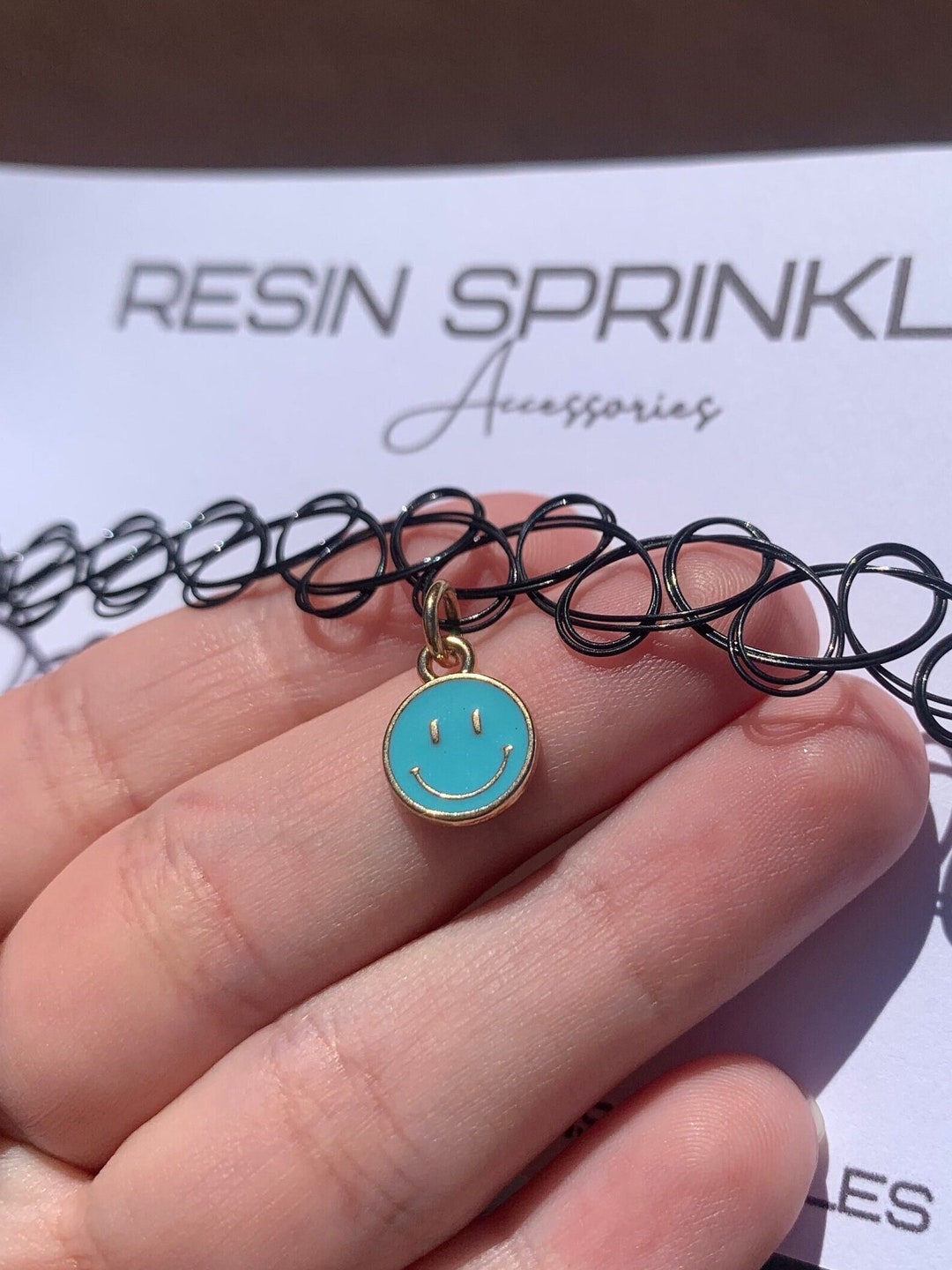 Blue Smiley Face Tattoo Choker | Enamel Happy Face Gold Dangle Charm ...
