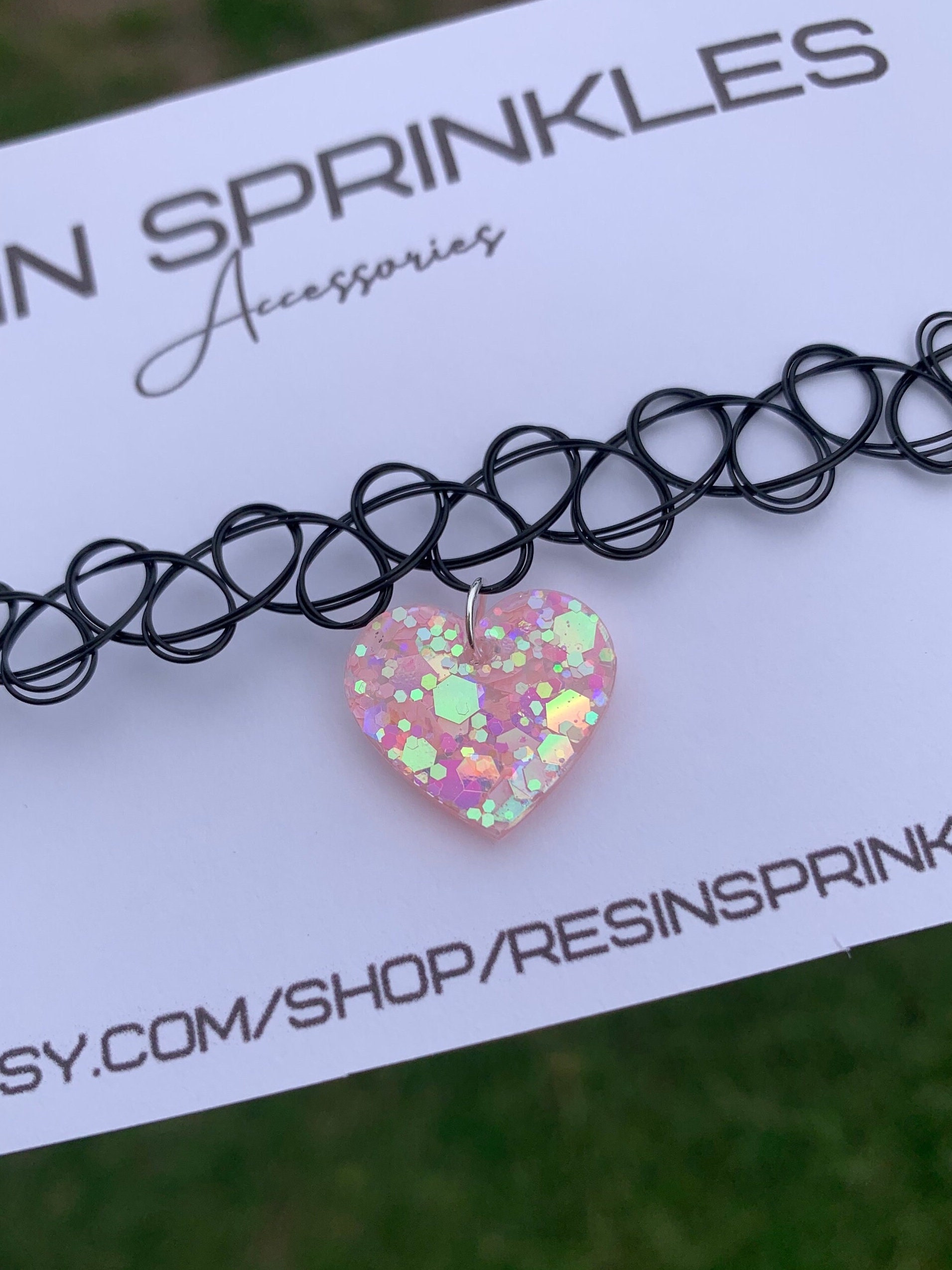 Pink Heart Tattoo Choker Necklace | 90s Elastic Choker W/ Handmade Pink ...