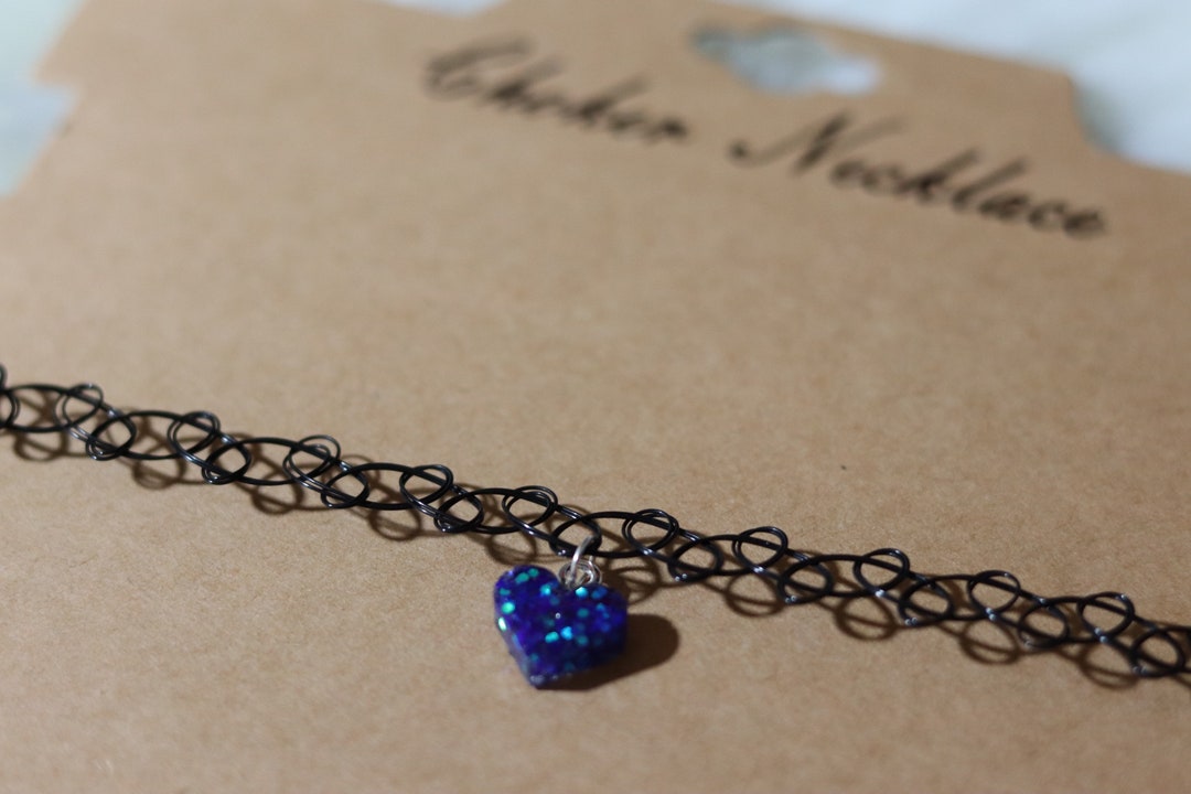 Blue Color Shift Heart Choker Necklace | 90s Style Elastic Tattoo ...