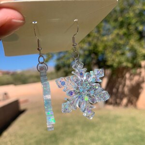 Light Blue Glitter Snowflake Earrings Handmade Dangle Winter Earrings ...