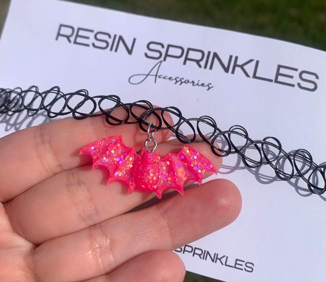 Neon Pink Sparkly Bat Tattoo Choker Necklace | 90s Choker Necklace W ...