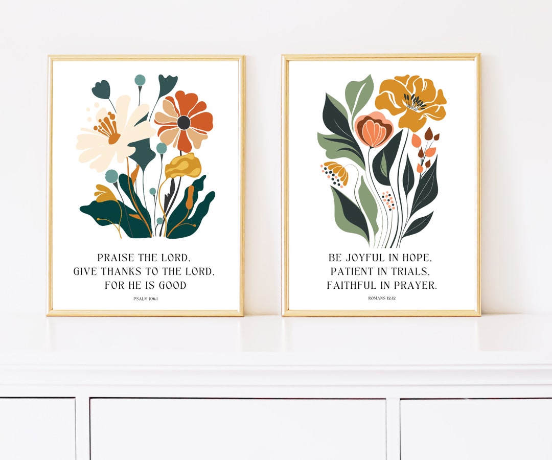 Christian Floral Set of 2, Bible Verse Wall Poster Set, Botanical ...