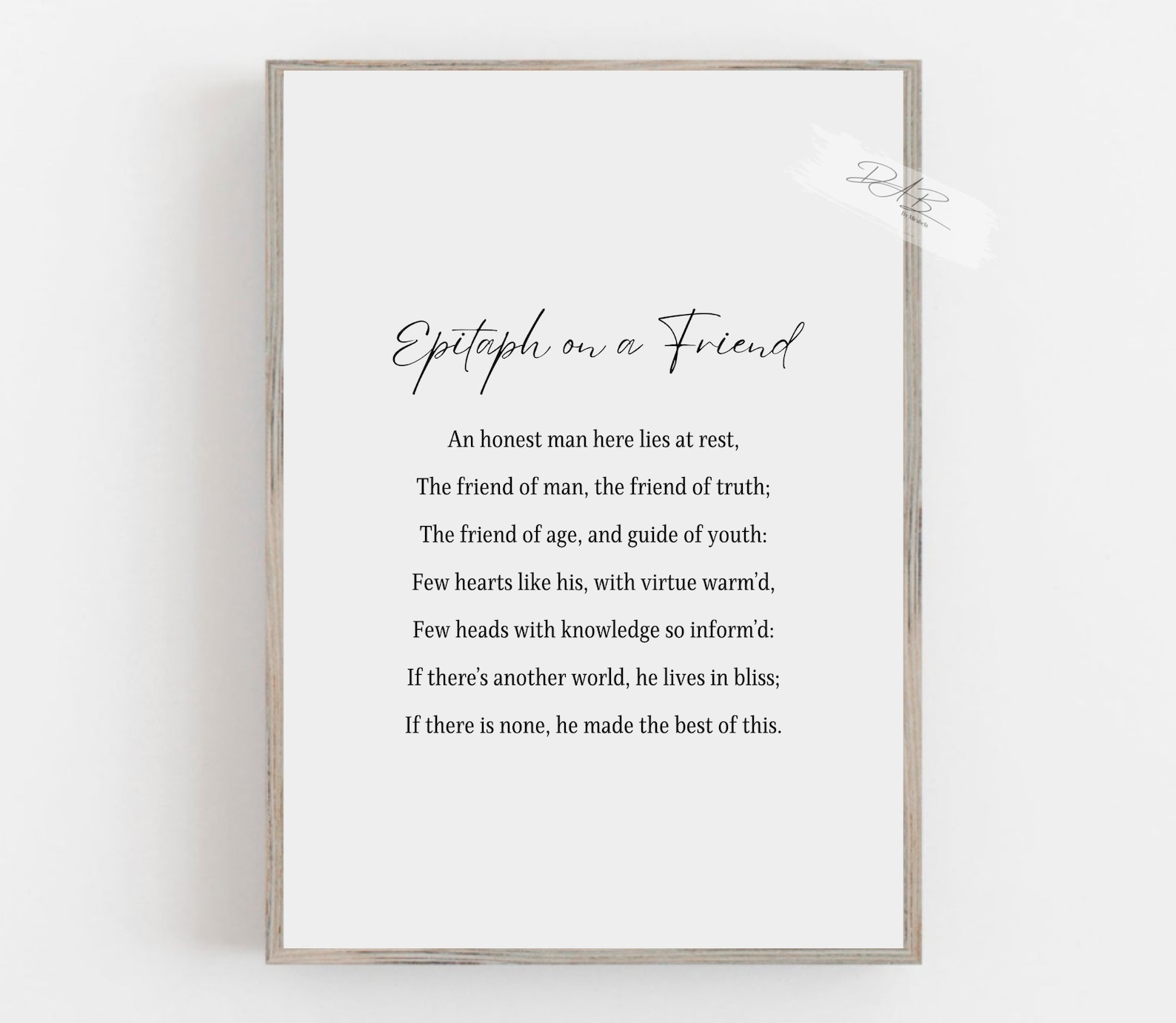 Epitaph on a Friend - Robert Burns Poem Print, Celebration of Life Poem ...