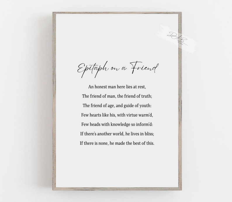 Epitaph on a Friend - Robert Burns Poem Print, Celebration of Life Poem ...