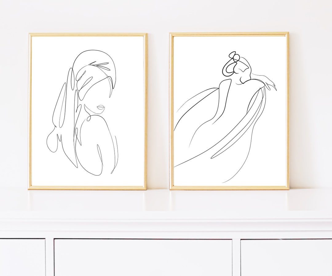 One Line Drawing Set von 2 Drucken, Handtuch auf Kopf, Frau One line ...