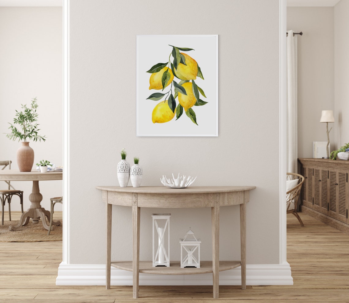 Lemon Print, Kitchen Wall Art, Lemon Branch Watercolour Painting ...