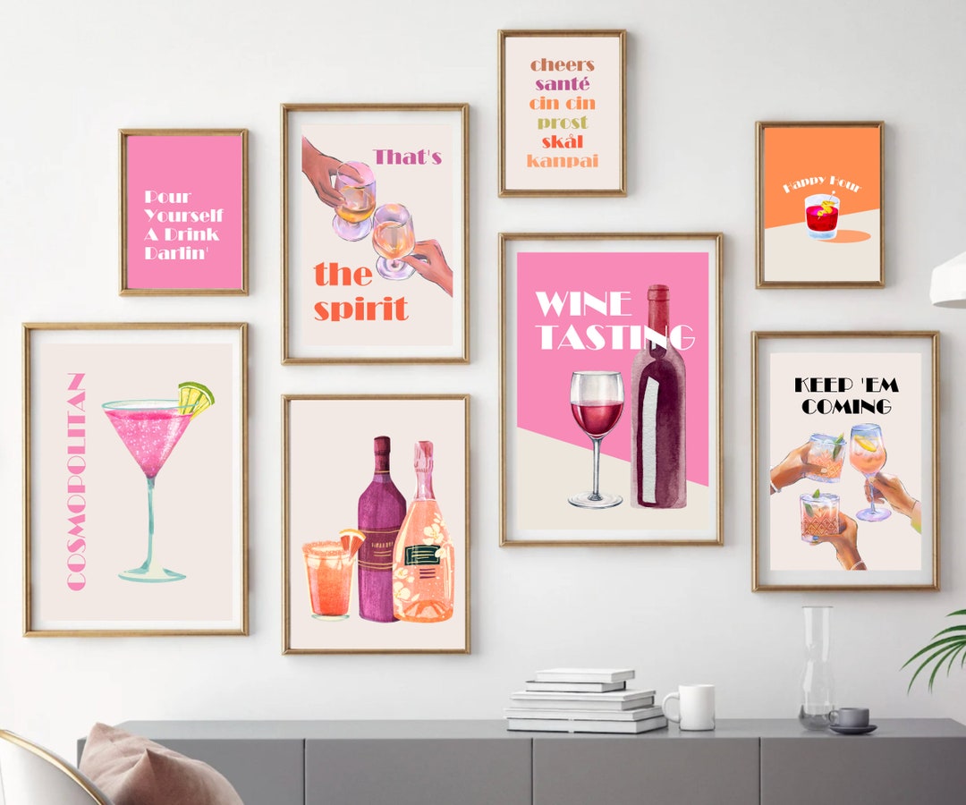 Bar Art Gallery Wall Set of 9 Vintage Prints | Bar Cart Art PRINTABLES ...