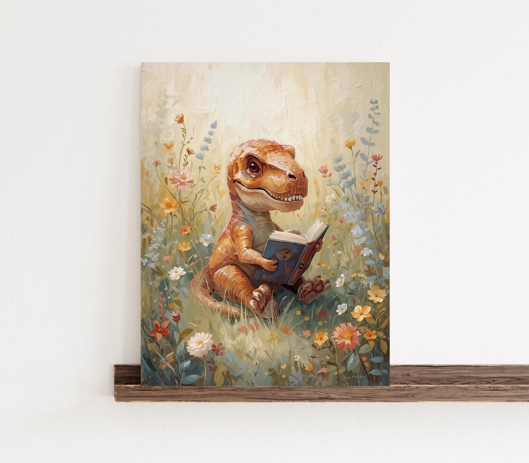 Baby T-rex Reading a Book Painting | Nursery Dinosaur Wall Art ...