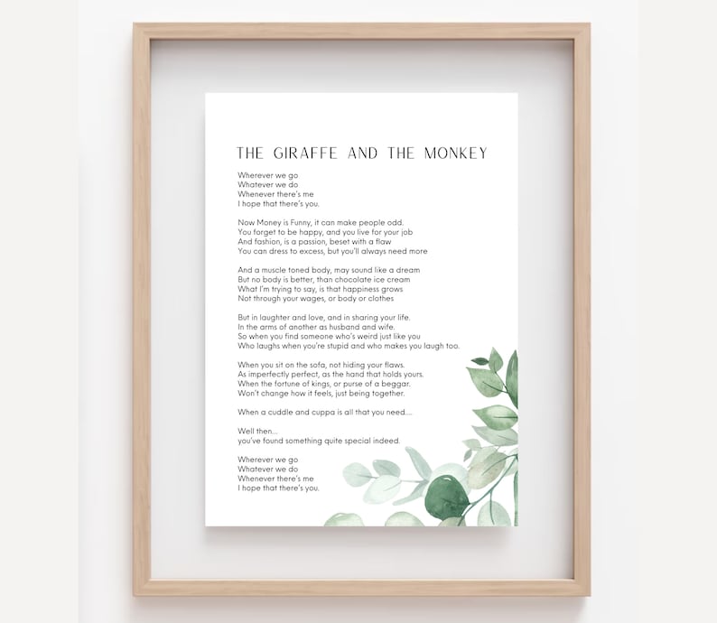 Printable Giraffe and the Monkey Poem | Wedding Present | DIGITAL ...