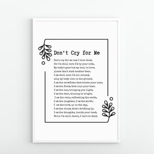 Don't Cry for Me Memorial Poem. Celebration of Life, Funeral ...