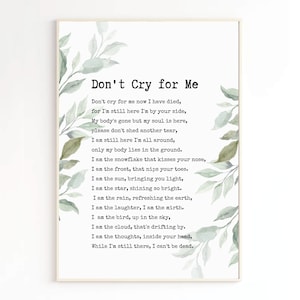 Don't Cry for Me Memorial Poem. Celebration of Life, Funeral ...