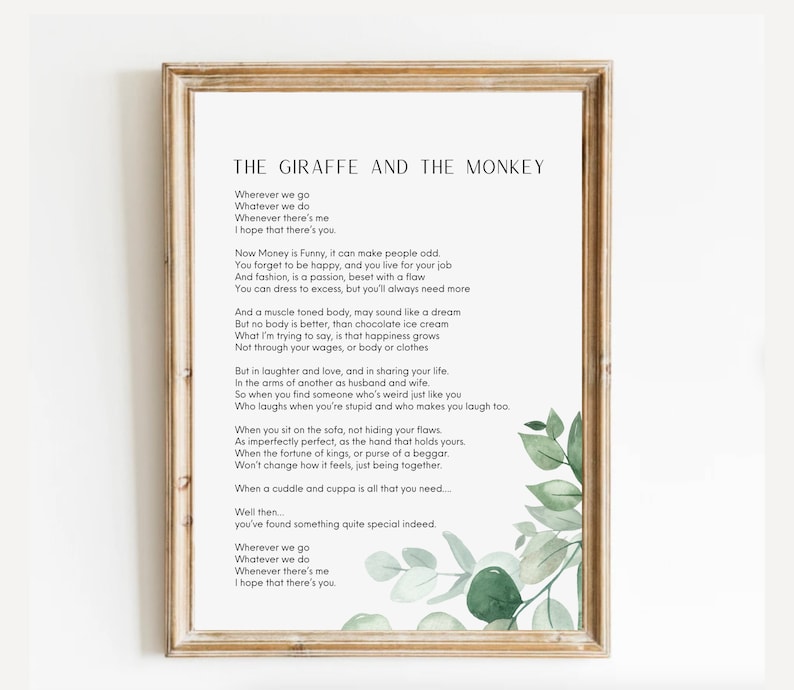 Printable Giraffe and the Monkey Poem | Wedding Present | DIGITAL ...