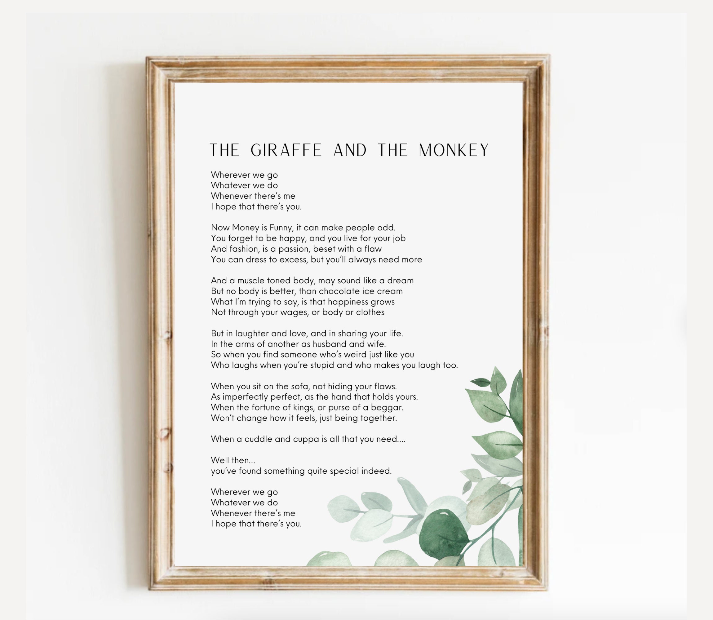 Printable Giraffe and the Monkey Poem | Wedding Present | DIGITAL ...