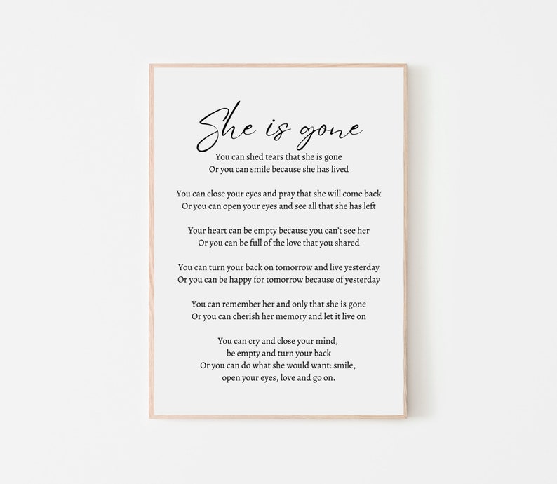 She is Gone | David Harkins Printable Poem, Digital Download, Grief ...