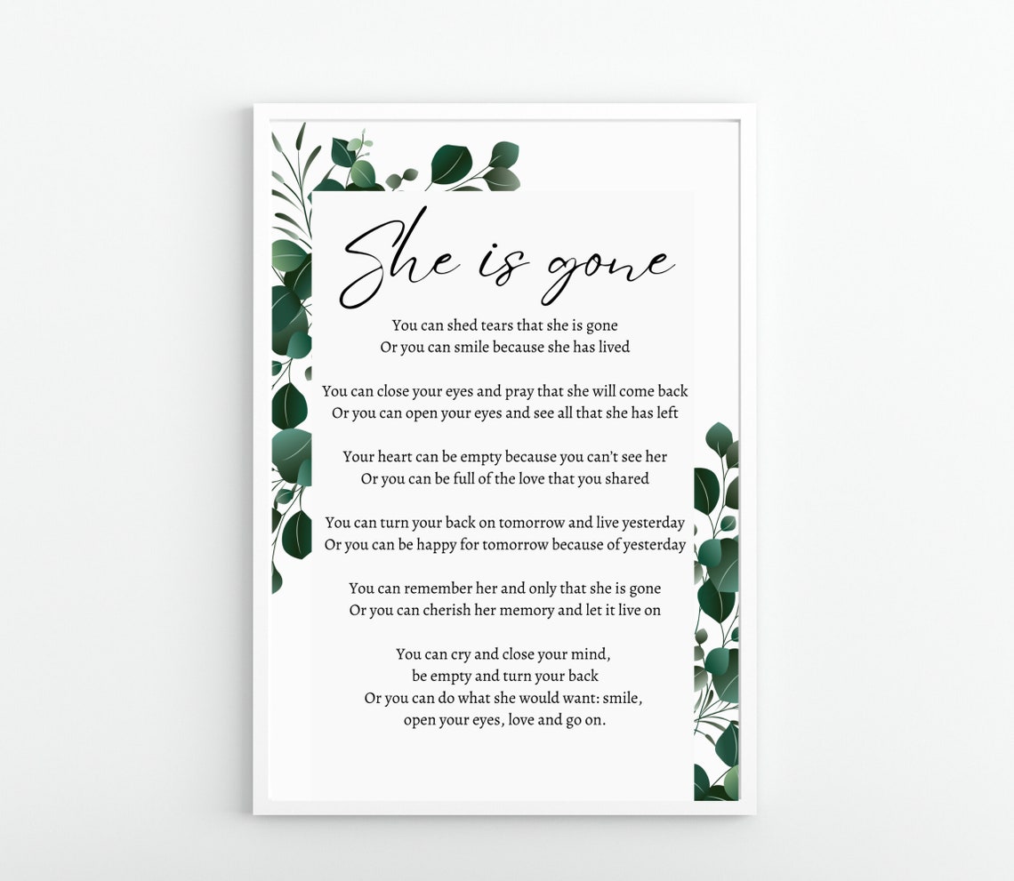 She is Gone | David Harkins Printable Poem, Digital Download, Grief ...
