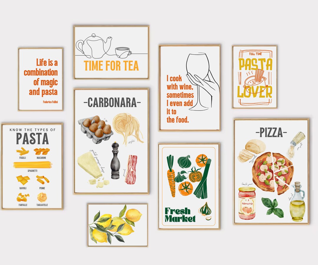 Italian Kitchen Wall Decor | Kitchen Wall Art Set of 9 PRINTABLES Pasta ...