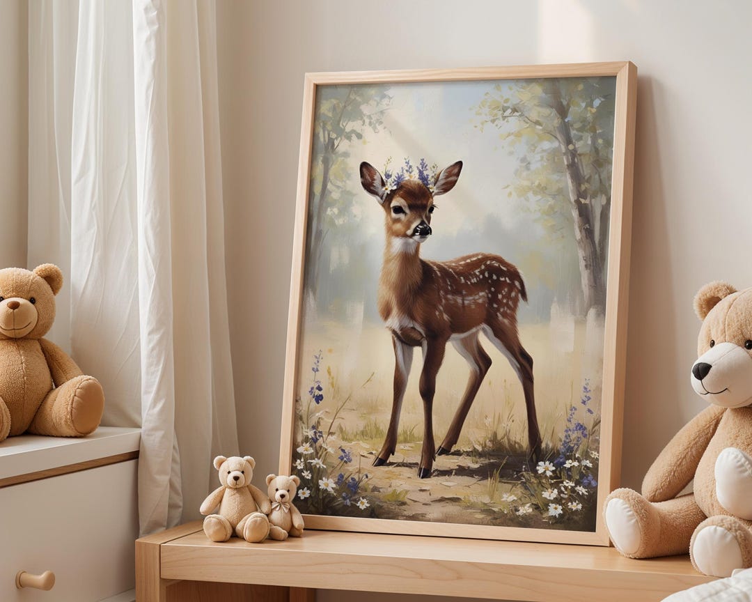 Woodland Fawn Nursery Art - Vintage Animal Print - Wildflower Crown ...