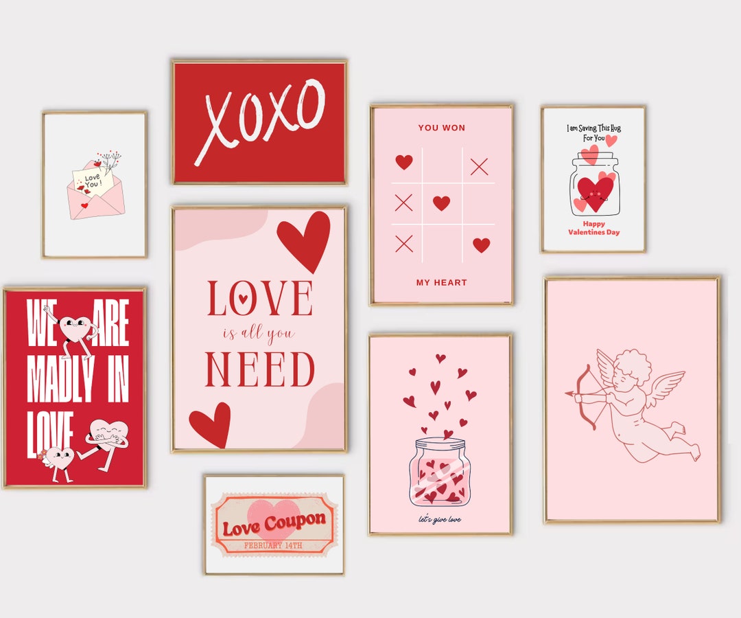 Gallery Wall Set of 15 Valentines Day Decor | Pink Hearts Wall Art ...