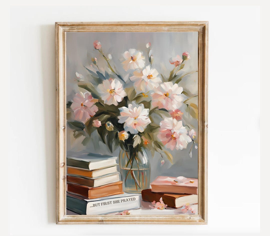 Christian Floral ...but First She Prayed, Bible Verse Wall Poster Set ...