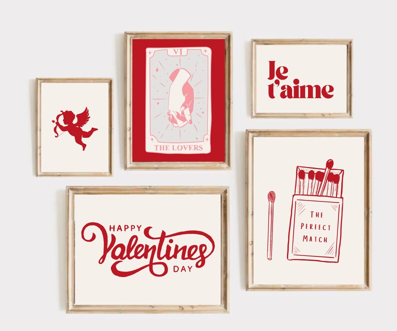 Gallery Wall Set of 18 Valentines Day Decor | Red Hearts Wall Art Print ...