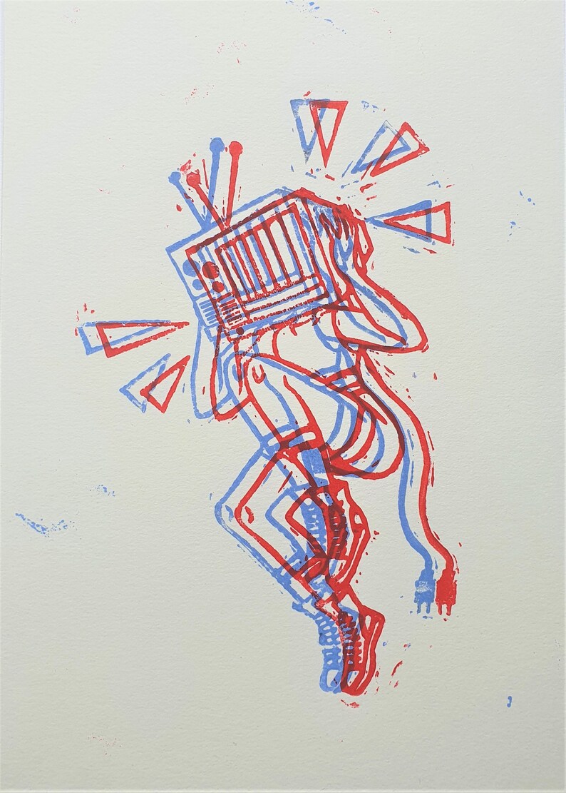 Oversimulation Lino Artprint With Gouache Detail - Etsy