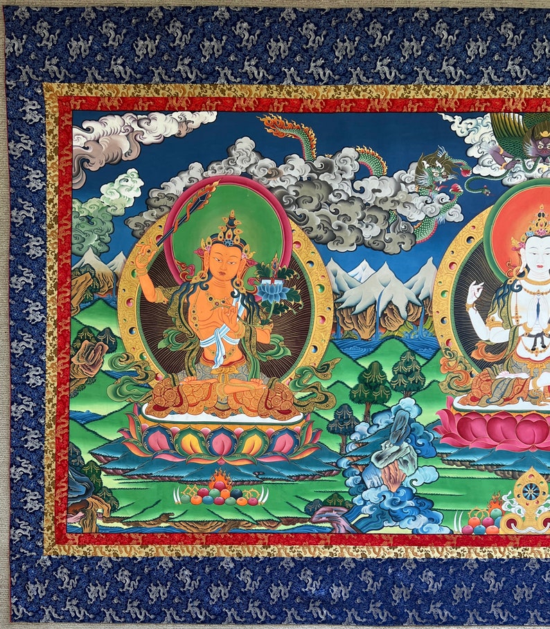 Vintage Three Bodhisattva Thangka: Hand-painted Tibetan Buddhism Art - Etsy