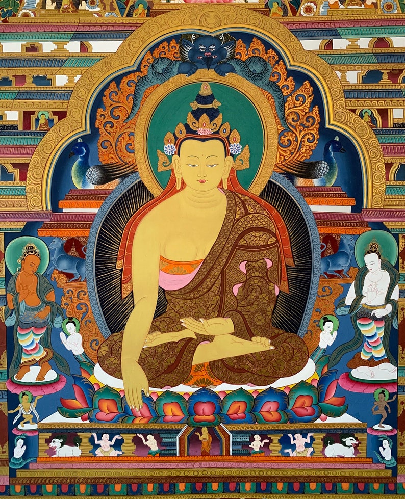 Large Life of Buddha Newari Thangka Original Hand Painted Crowned ...