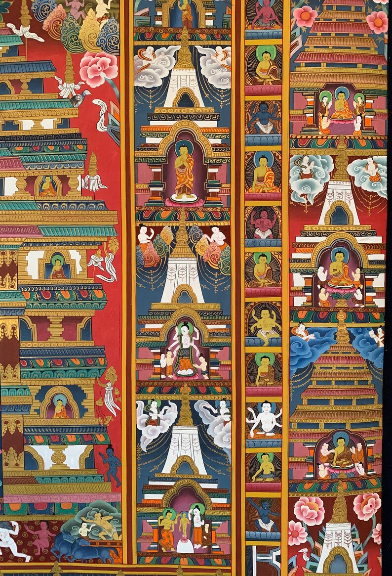 Large Life of Buddha Newari Thangka Original Hand Painted Crowned ...
