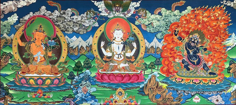 Vintage Three Bodhisattva Thangka: Hand-painted Tibetan Buddhism Art - Etsy
