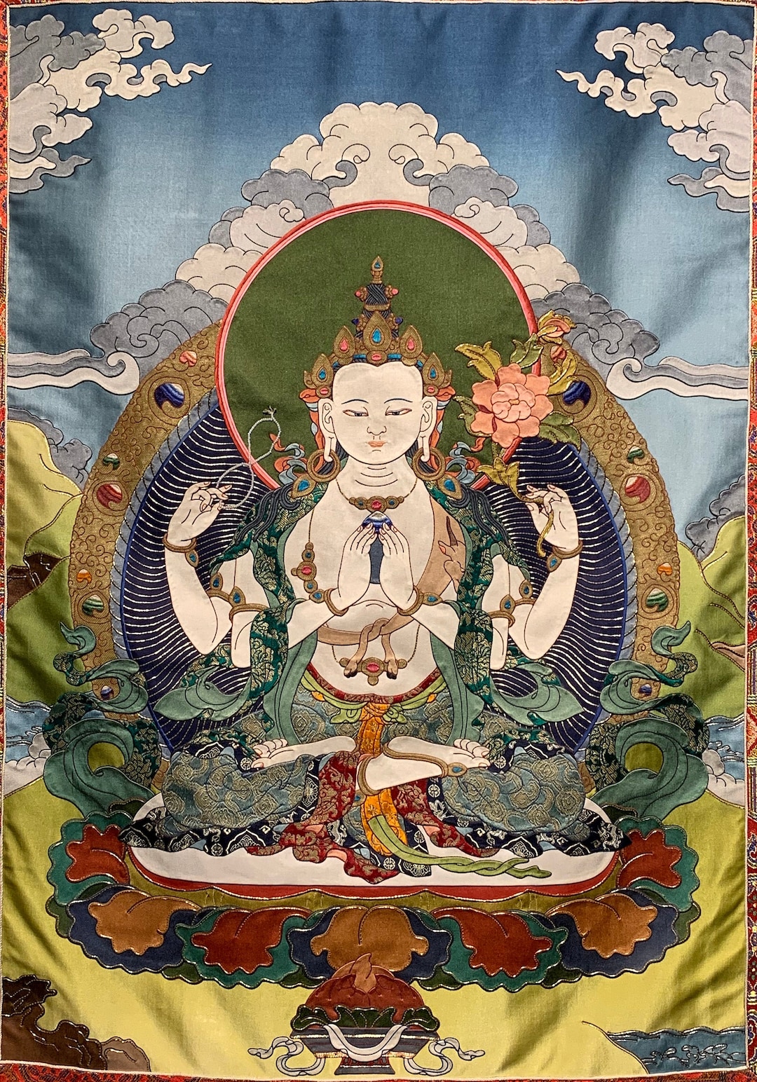 Avalokiteshvara Thangka: Hand-stitched Silk Applique Embroidery in ...