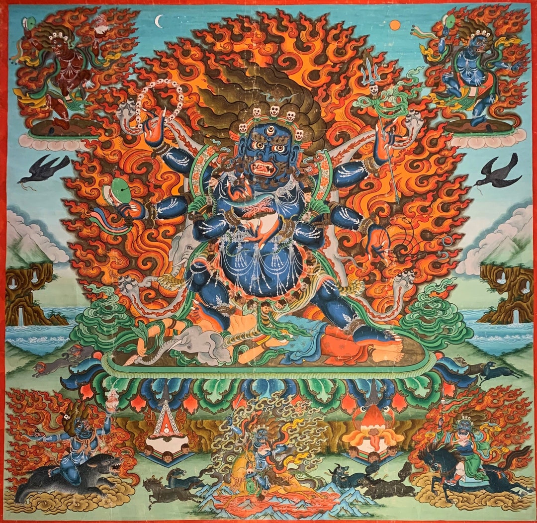 LARGE MAHAKALA THANGKA | Vintage Mahakala Temple Thangka by Amdo ...