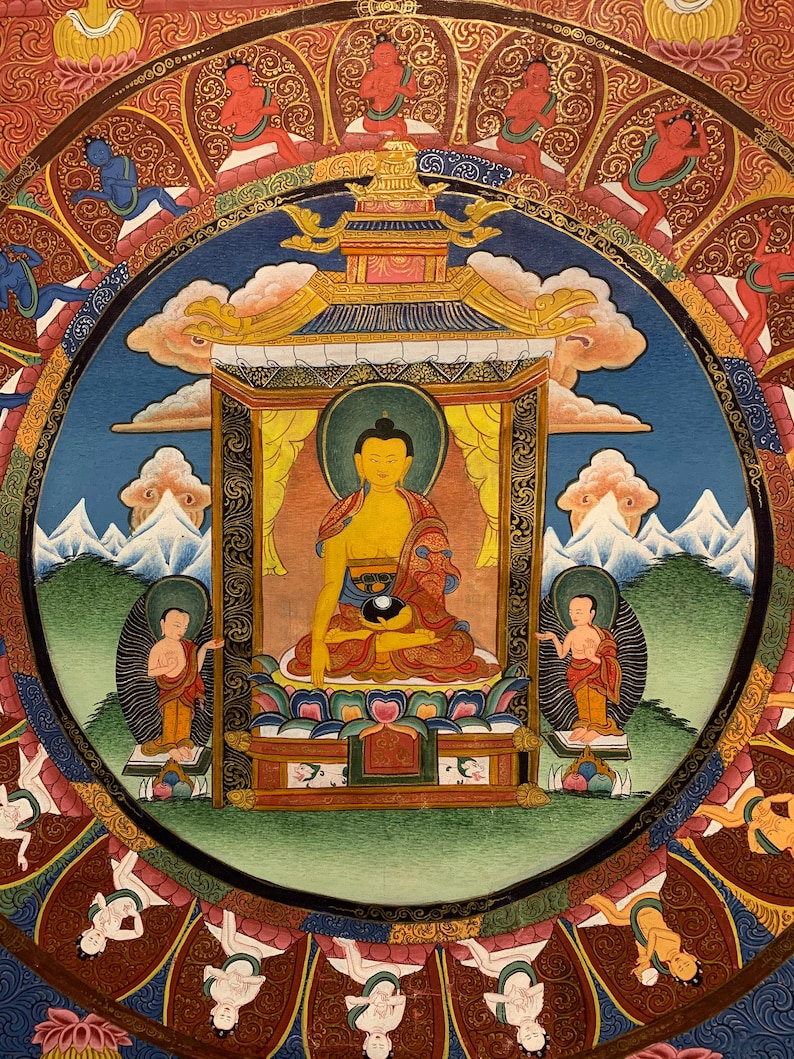 Large Shakyamuni Buddha With Two Disciples Mandala Thangka Newari ...