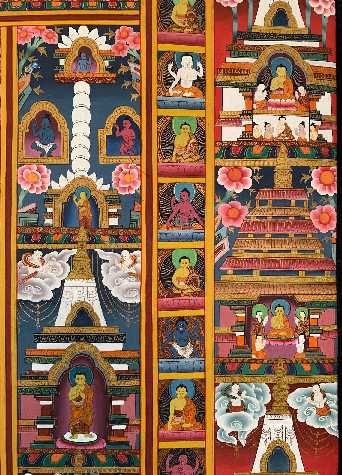 Large Life of Buddha Newari Thangka Original Hand Painted Crowned ...