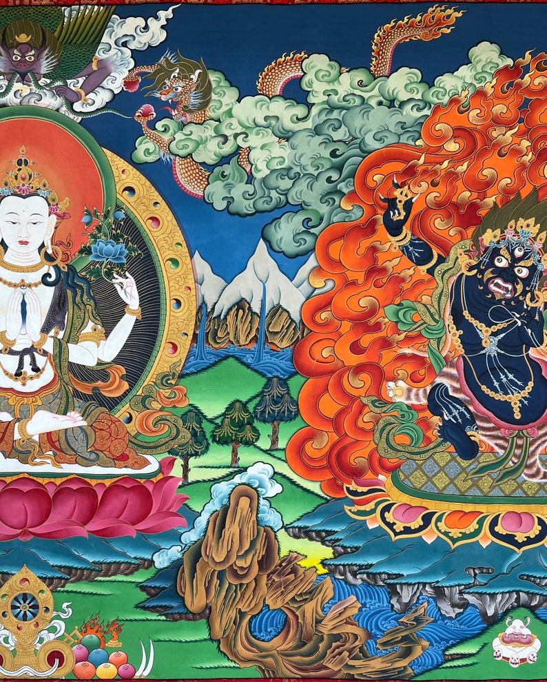 Vintage Three Bodhisattva Thangka: Hand-painted Tibetan Buddhism Art - Etsy