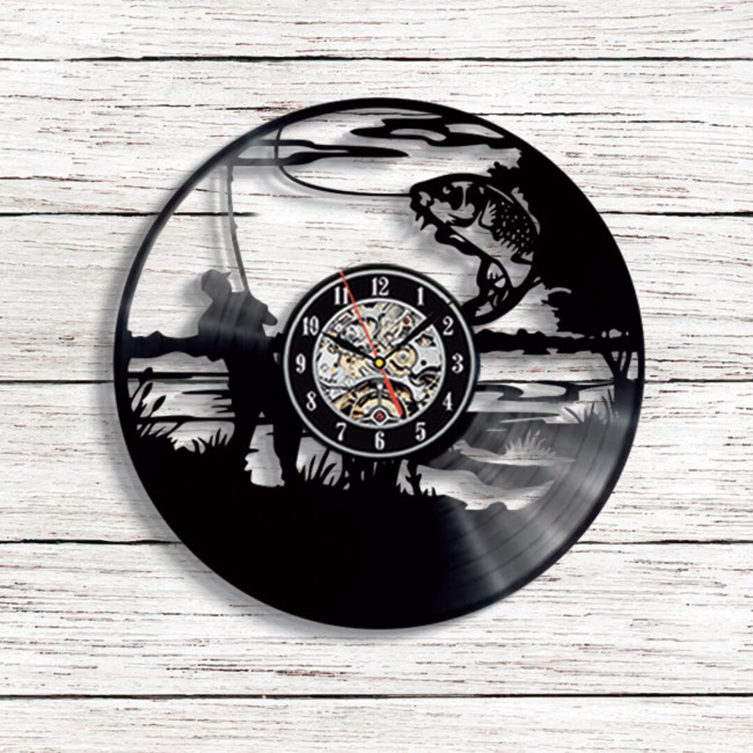 Fishing Vinyl Clock 12 Inch Wall Art Sign Fish Rod Fisherman Wall Clock ...